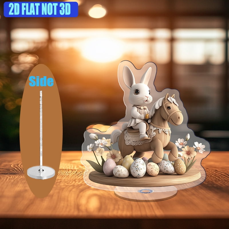 Rotating acrylic display featuring a bunny on a wooden horse amidst ...