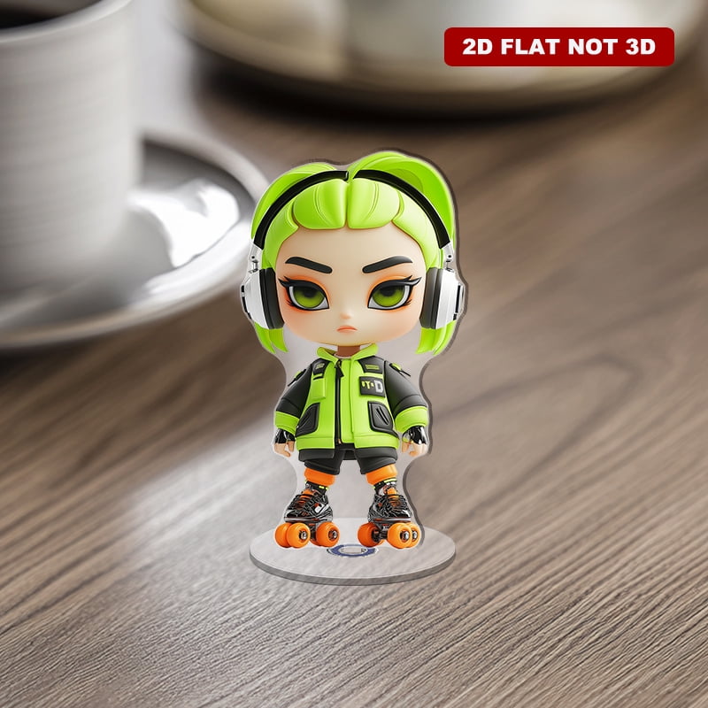 Rotating acrylic display featuring a chibi character with lime green ...