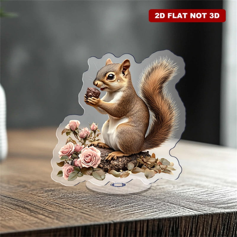 Rotating acrylic display featuring a detailed squirrel on a rose bush ...