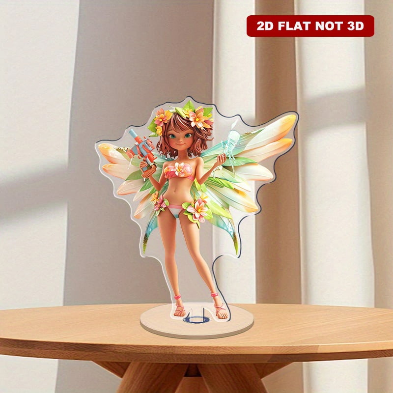 Rotating acrylic display featuring a fairy in a flower petal swimsuit with wings playfully ...