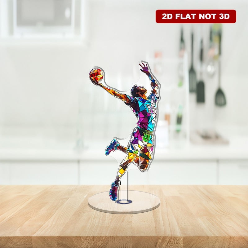 Rotating acrylic display featuring a handball player in vibrant stained ...