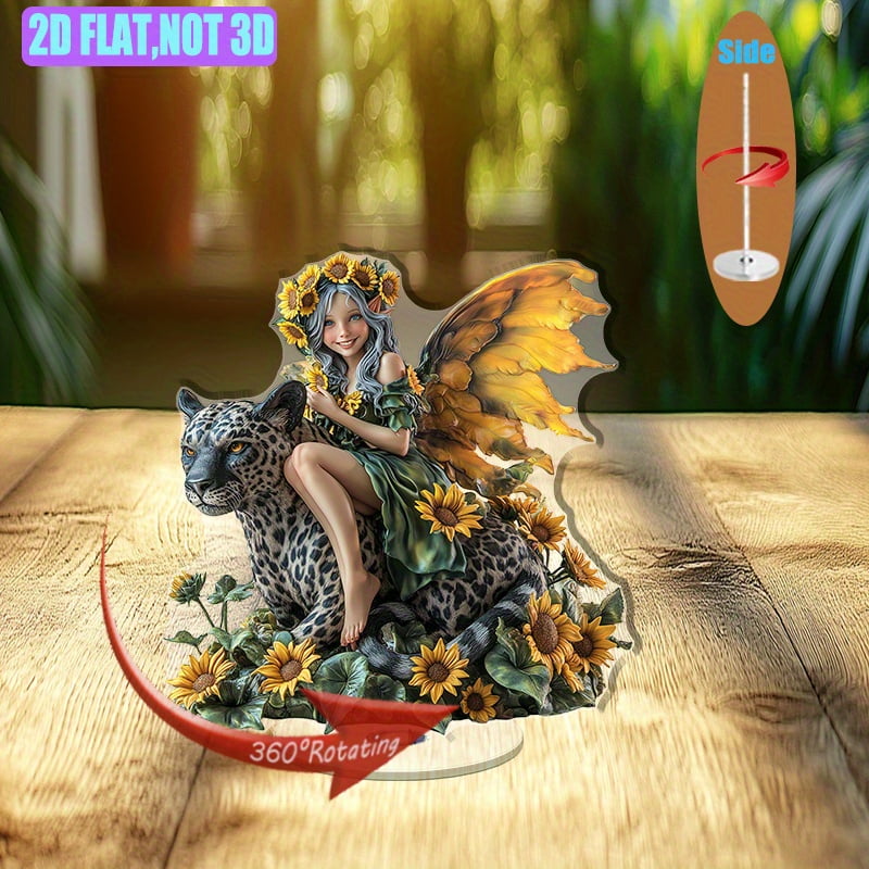 Rotating acrylic display featuring a joyful gray-haired elf atop a sleek panther adorned with ...