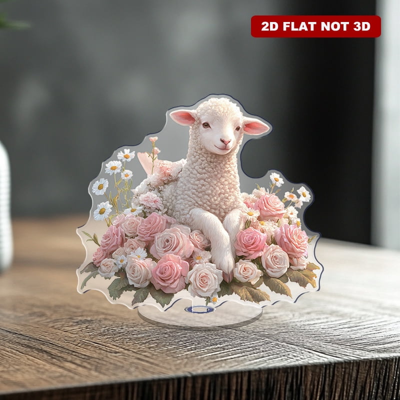 Rotating acrylic display featuring a lamb amid pink and white roses ...