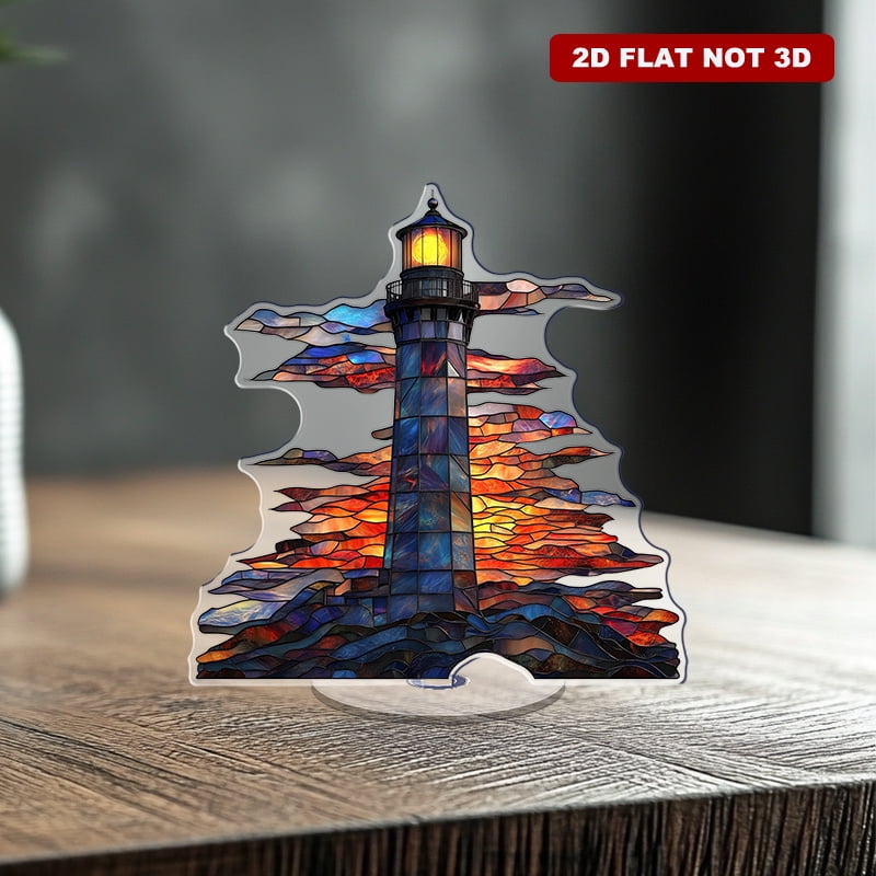 Rotating acrylic display featuring a lighthouse at dusk with vibrant jewel-like colors and ...