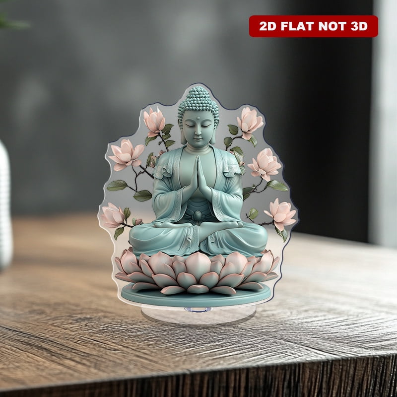 Rotating acrylic display featuring a seated Buddha in light blue-green ...