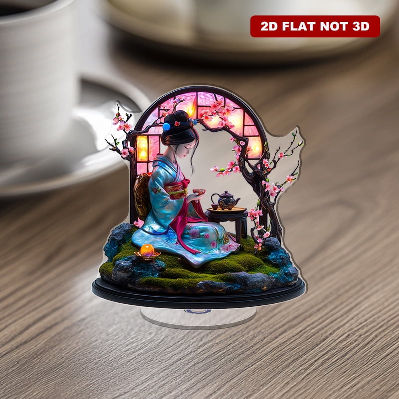 Rotating acrylic display featuring a stained-glass miko with tea set on ...