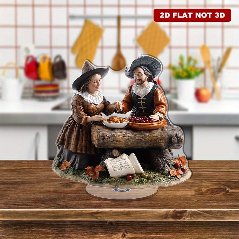 Rotating acrylic display featuring a thankful pilgrim couple at a log ...