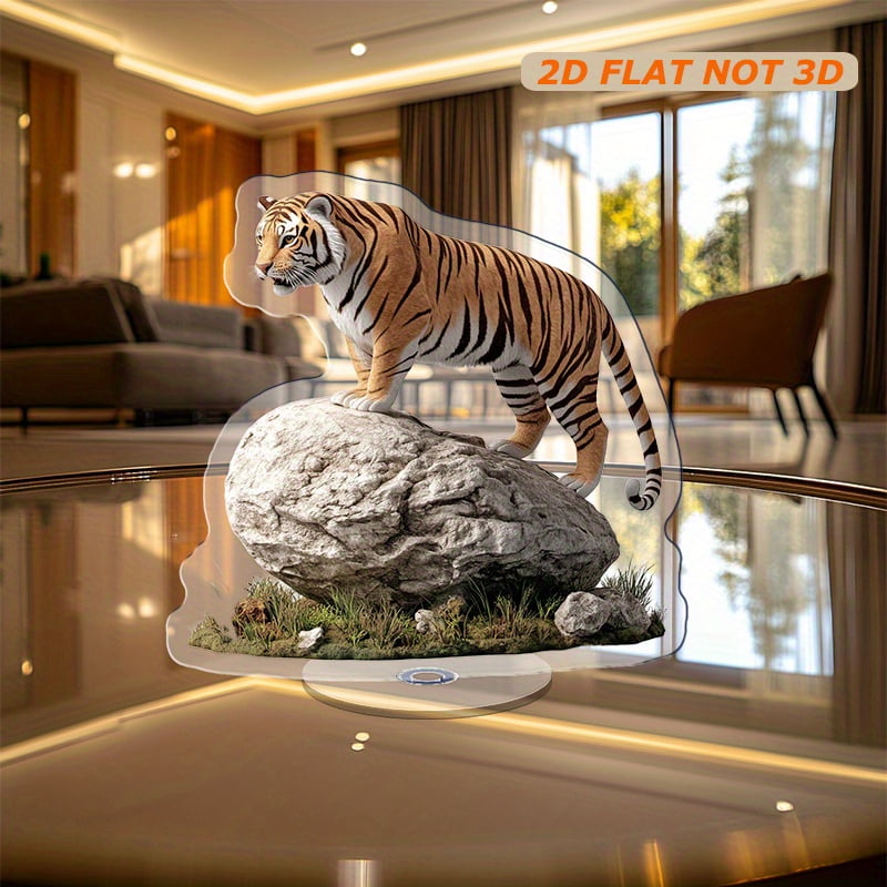 Rotating acrylic display featuring a tiger on a stone base with an egg shield design and a white ...