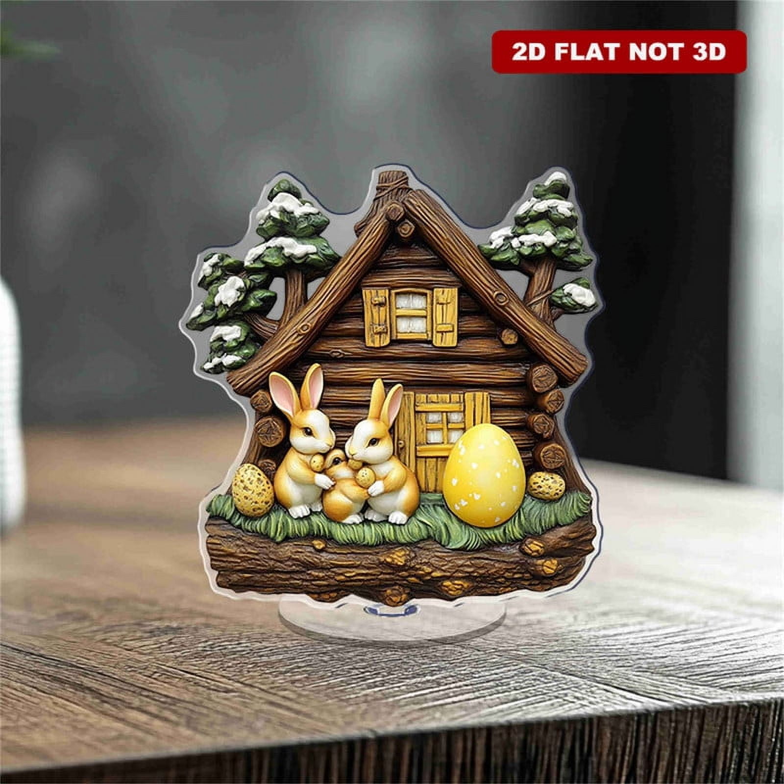 Rotating acrylic display featuring a vibrant rabbit family in front of a log cabin with a ...