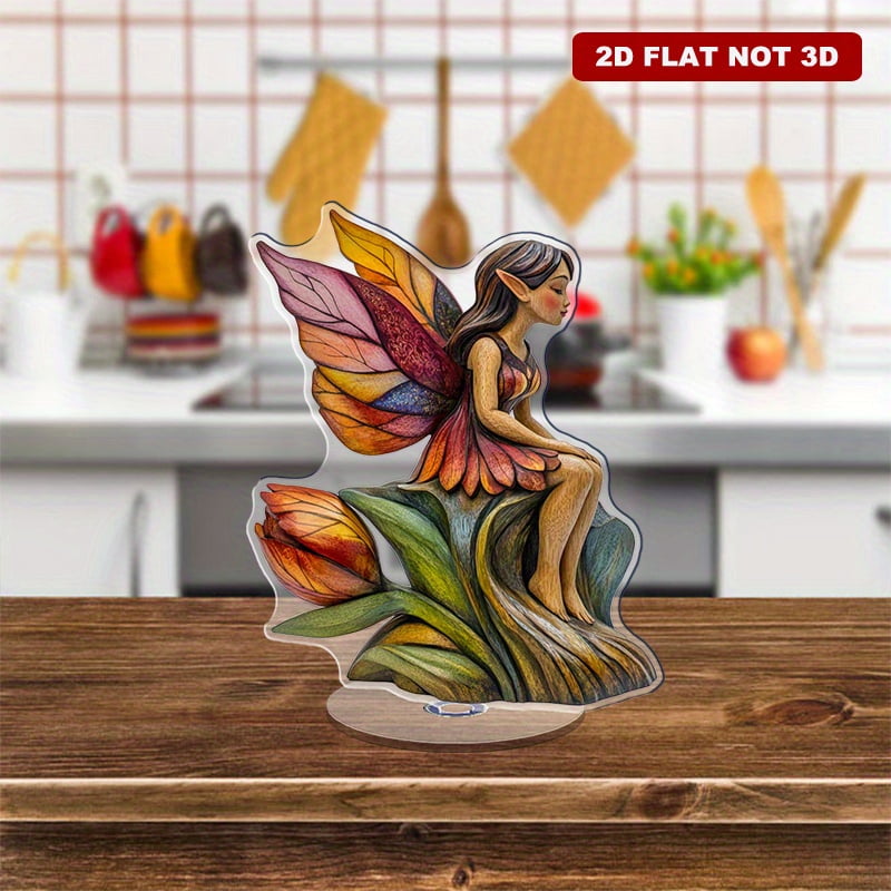 Rotating acrylic display featuring a vibrantly painted fairy on a tulip ...
