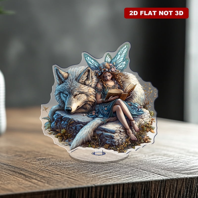 Rotating acrylic display featuring a wolf with a fairy reading beside ...