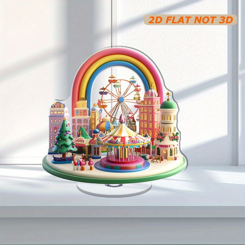 Rotating acrylic display featuring a colorful carnival scene with a ...