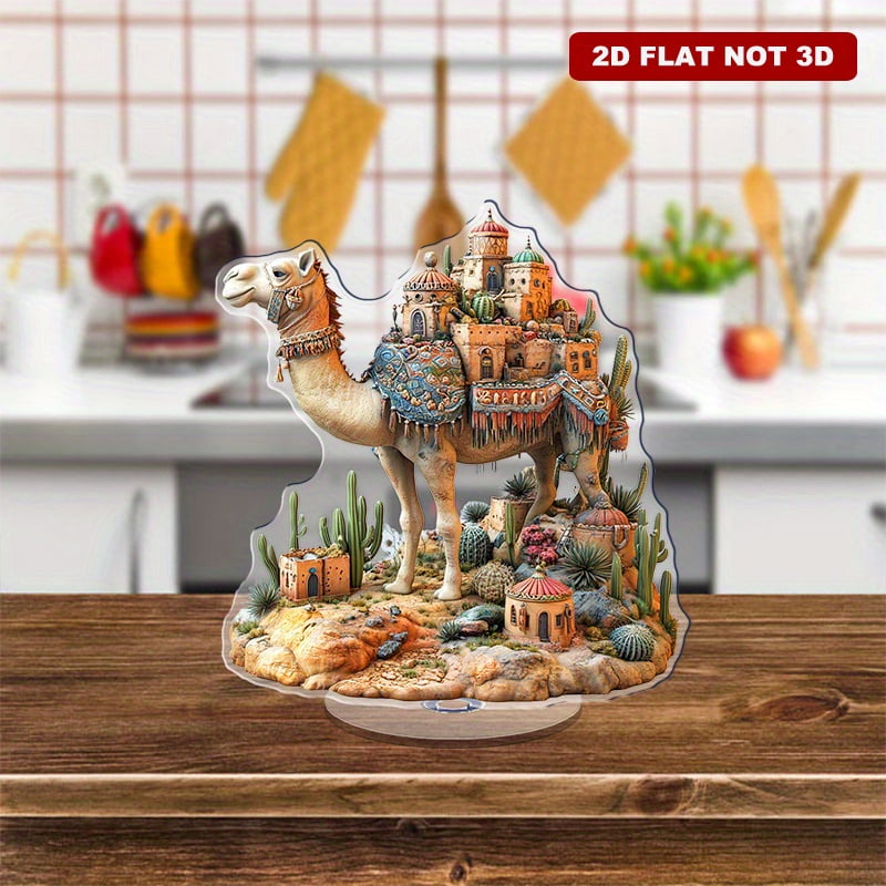 Rotating acrylic display featuring a decorated camel with a detailed ...