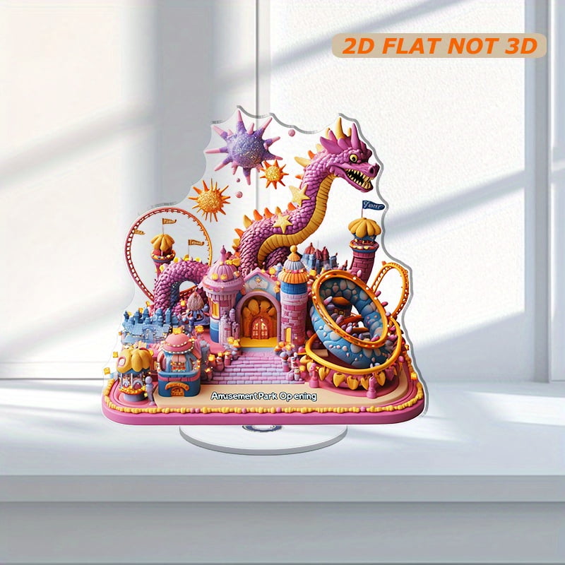 Rotating acrylic display featuring a dragon-themed amusement park with ...