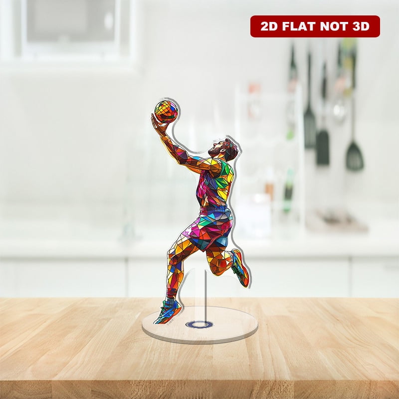 Rotating acrylic display featuring a handball player in vibrant stained ...