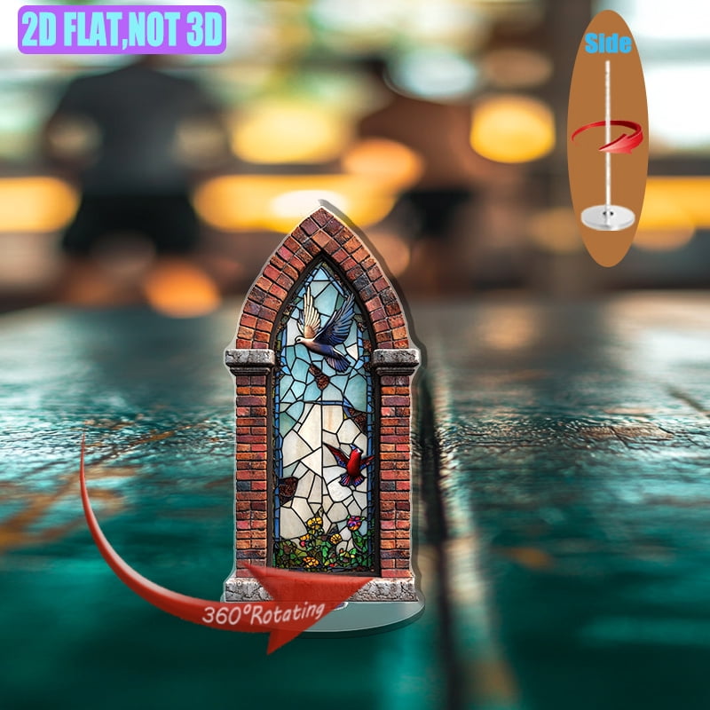 Rotating acrylic display featuring six exquisite pigeons on a weathered chimney with vibrant ...