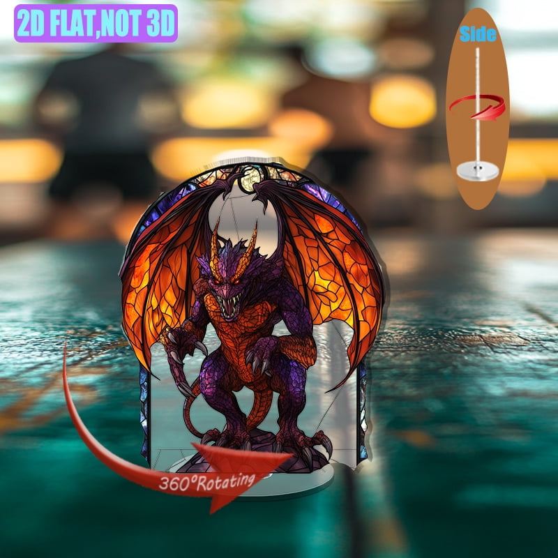 Rotating acrylic display featuring the dread manticore in vibrant tawny and purple colors with ...