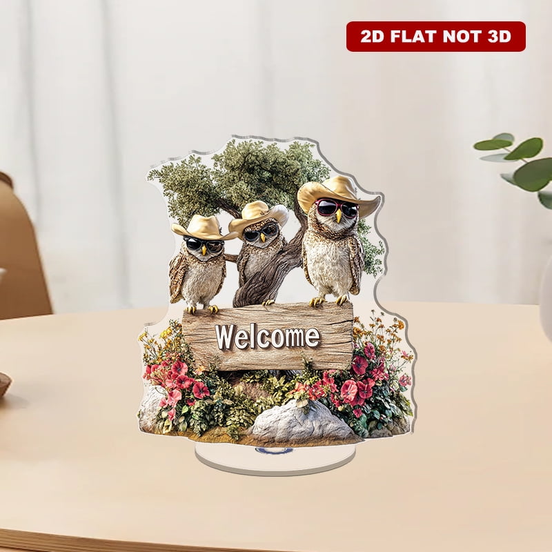 Rotating acrylic display featuring three owls in sunglasses and cowboy ...