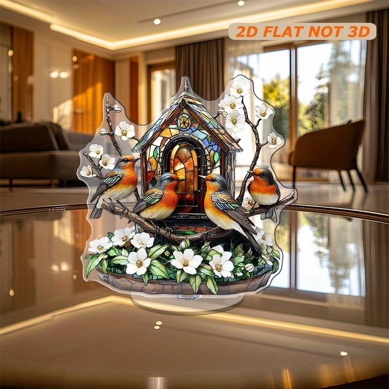 Rotating acrylic display featuring three vibrant robins on a branch ...