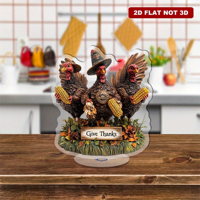 Rotating acrylic display featuring three vibrant turkeys in pilgrim ...