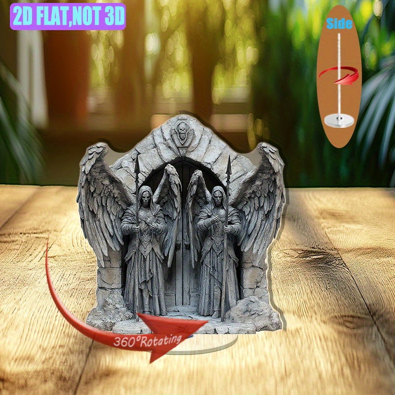 Rotating acrylic display featuring twin angel statues with spears ...