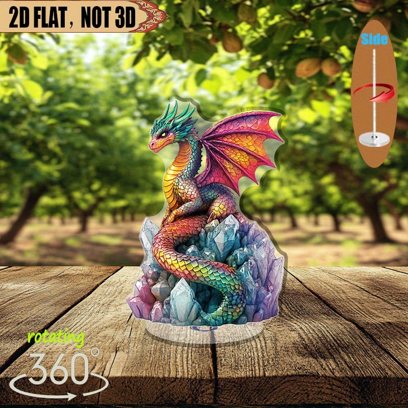 Rotating acrylic display featuring a vibrant dragon with shimmering scales and geometric ...