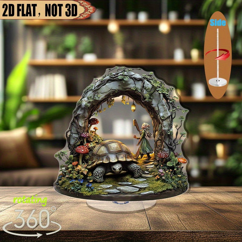 Rotating acrylic display featuring a wise tortoise with etched runes ...
