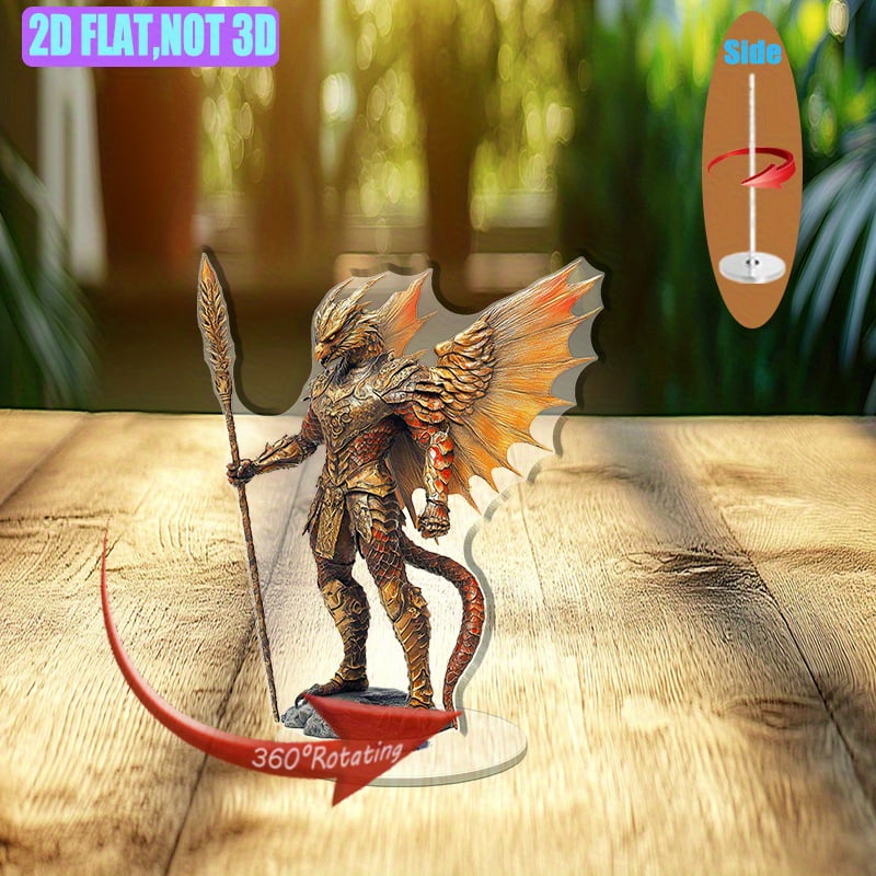 Rotating acrylic display of a fierce dragon-man creature with striking ...