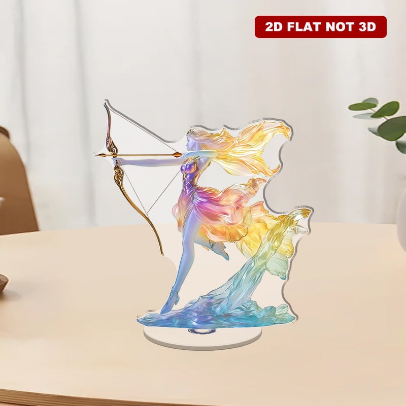 Rotating acrylic display of a flying goddess of adventure with bow and ...