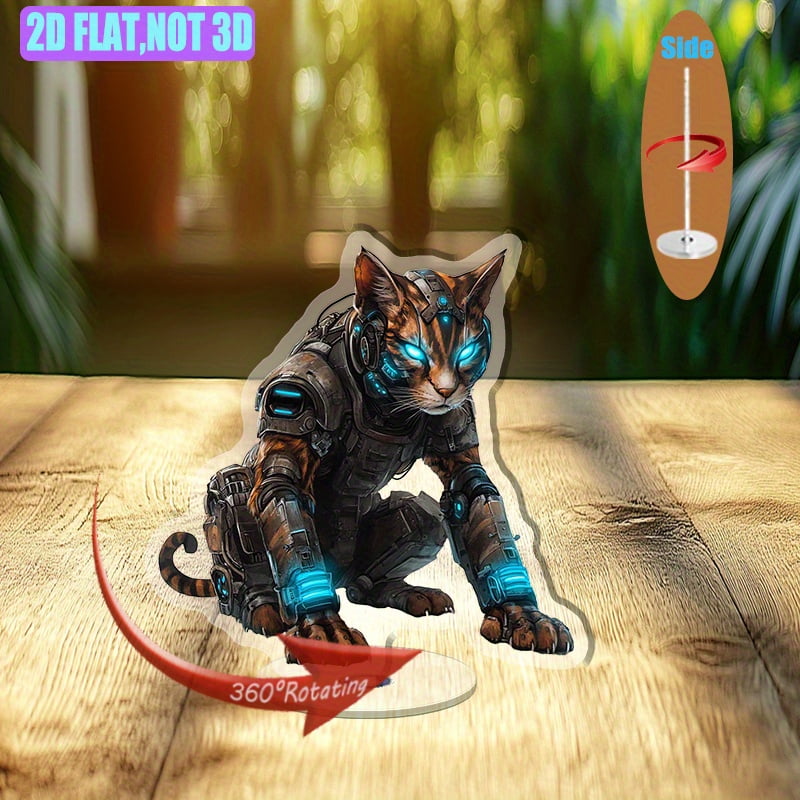 Rotating acrylic display of a mechanical wildcat with glowing blue eyes ...