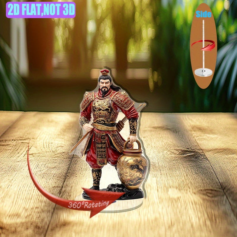 Rotating acrylic display of an old-world Chinese general with sleek armor and a glossy vinegar ...