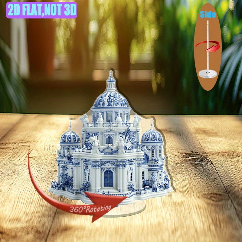 Rotating acrylic display piece features elegant blue and white ...