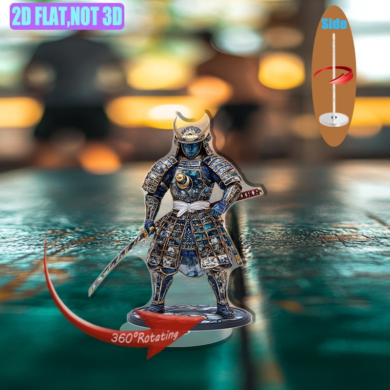 Rotating acrylic display of a samurai warrior in elegant dark blue ...
