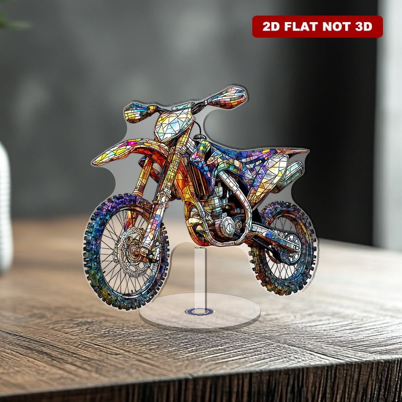 Rotating acrylic display showcases a sport dirt bike with a stained ...