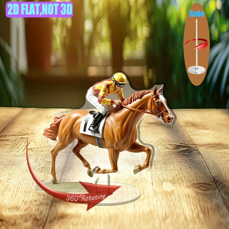 Rotating acrylic display showcases a realistic warrior horse in vibrant ...