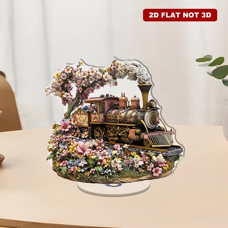 Rotating acrylic display showcasing a vibrant spring train sculpture ...