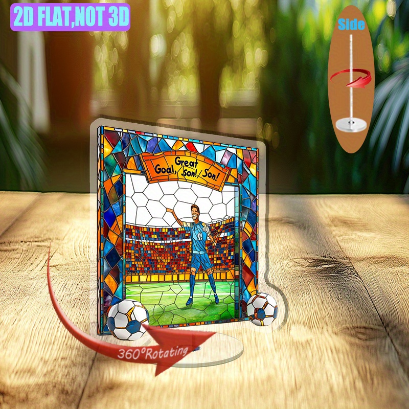 Rotating acrylic display showcasing a proud father celebrating a goal ...