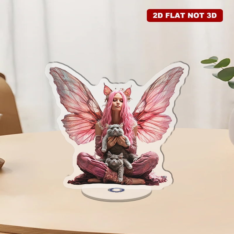 Rotating acrylic figurine featuring a pink-haired fairy with large wings holding two cats ...