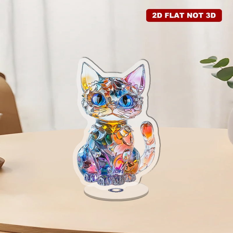 Rotating acrylic figurine featuring a colorful cat with detailed blue ...