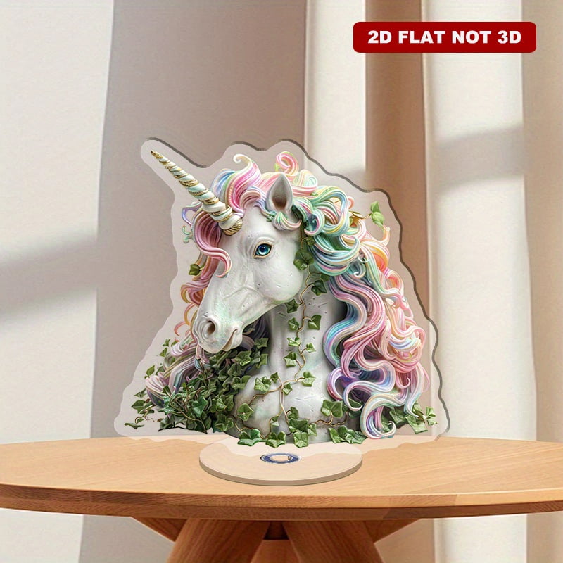 Rotating acrylic figurine featuring a matte white marble unicorn with ivy, neon rainbow hair ...
