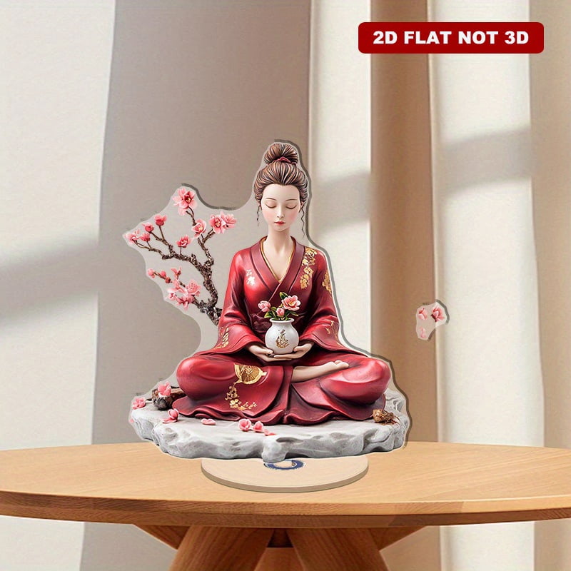 Rotating acrylic figurine of a meditative woman in a red kimono with ...
