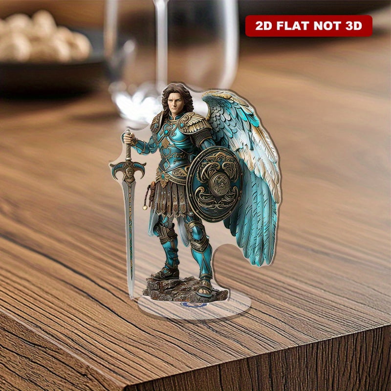 Rotating acrylic ornament of Archangel Michael in blue armor holding a ...