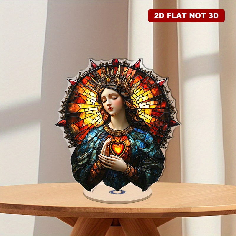 Rotating acrylic ornament depicting the Virgin Mary adorned with an ...