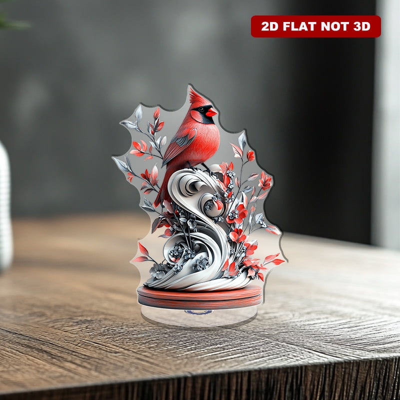 Rotating acrylic ornament features a detailed cardinal on a red and ...