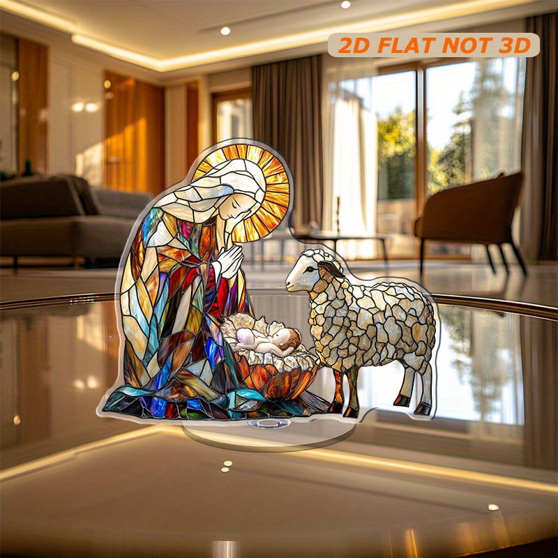 Rotating acrylic ornament features a vibrant stained glass nativity ...