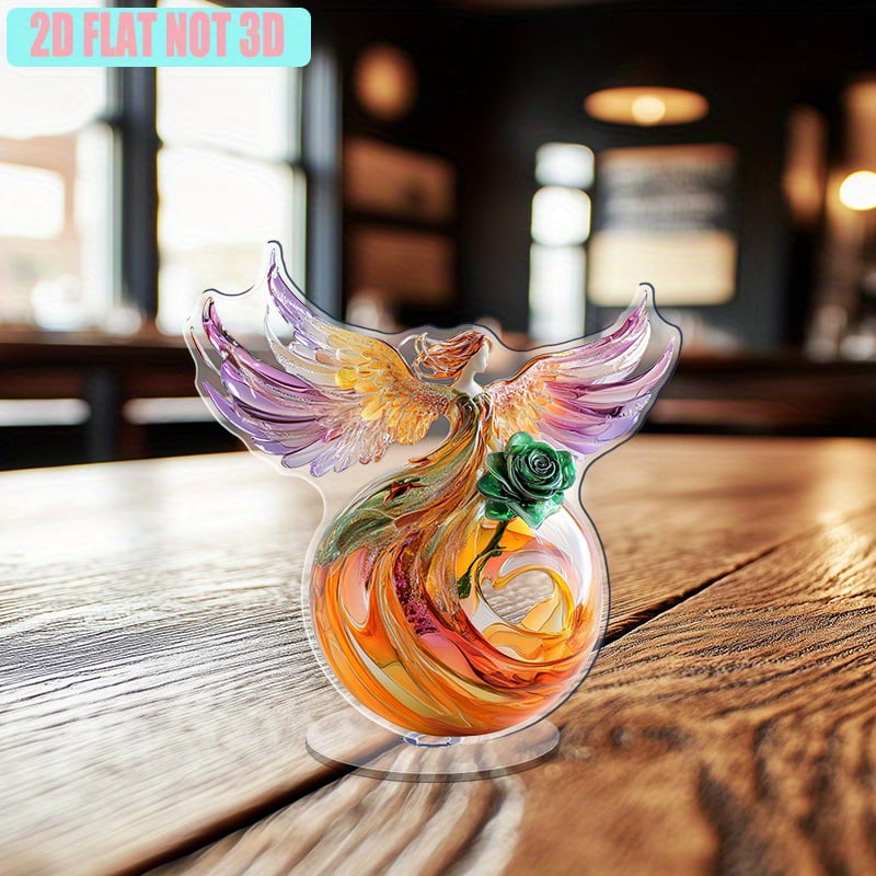 Rotating acrylic ornament features a vibrant swirl of colors, a glass ...