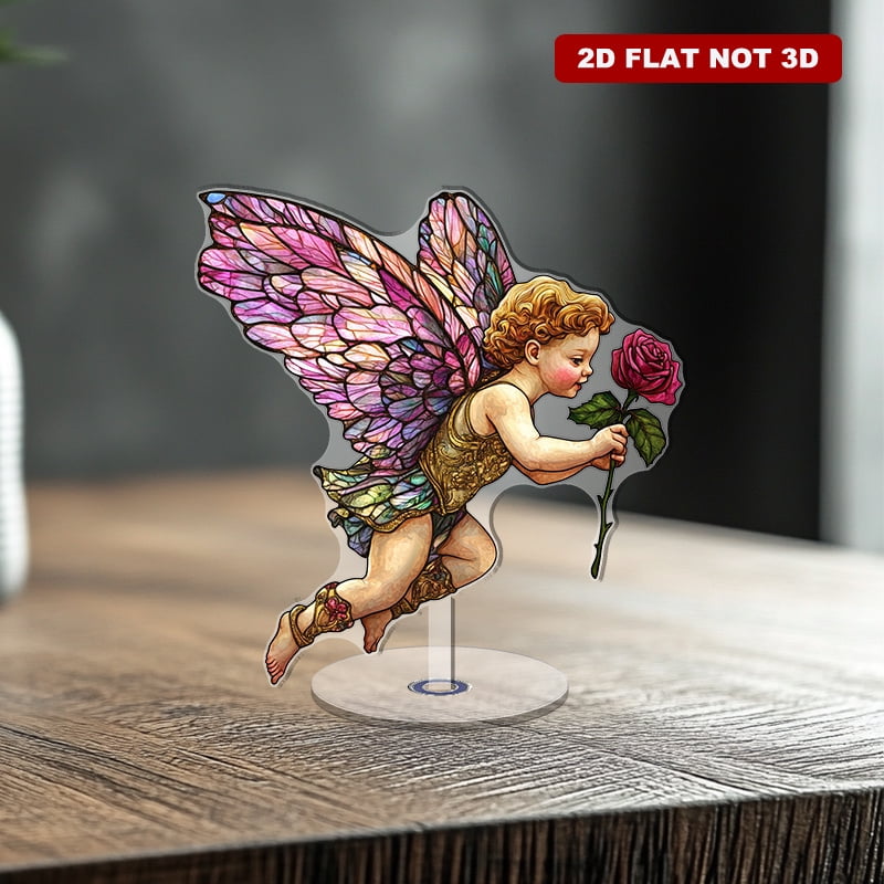 Rotating acrylic ornament featuring Cupid with a rose and pink wings in ...