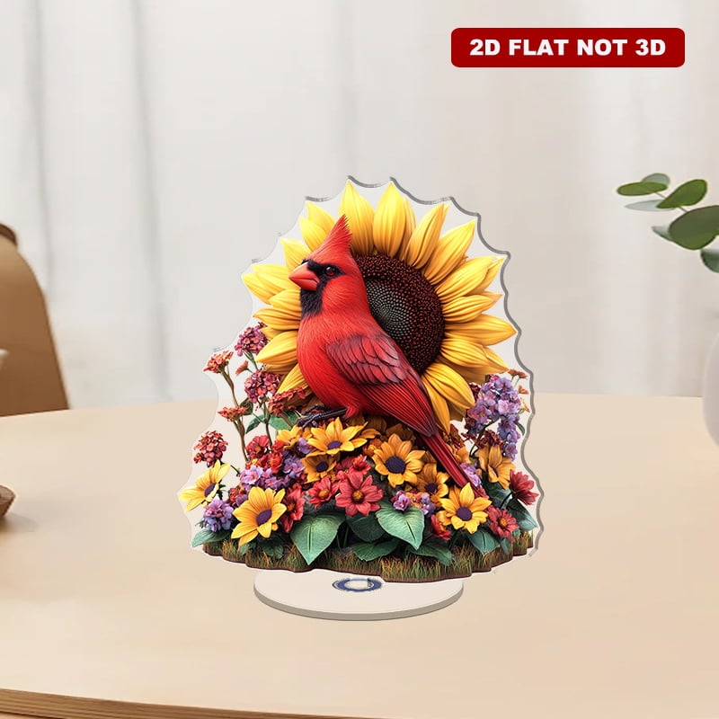 Rotating acrylic ornament featuring a cardinal and giant sunflower ...