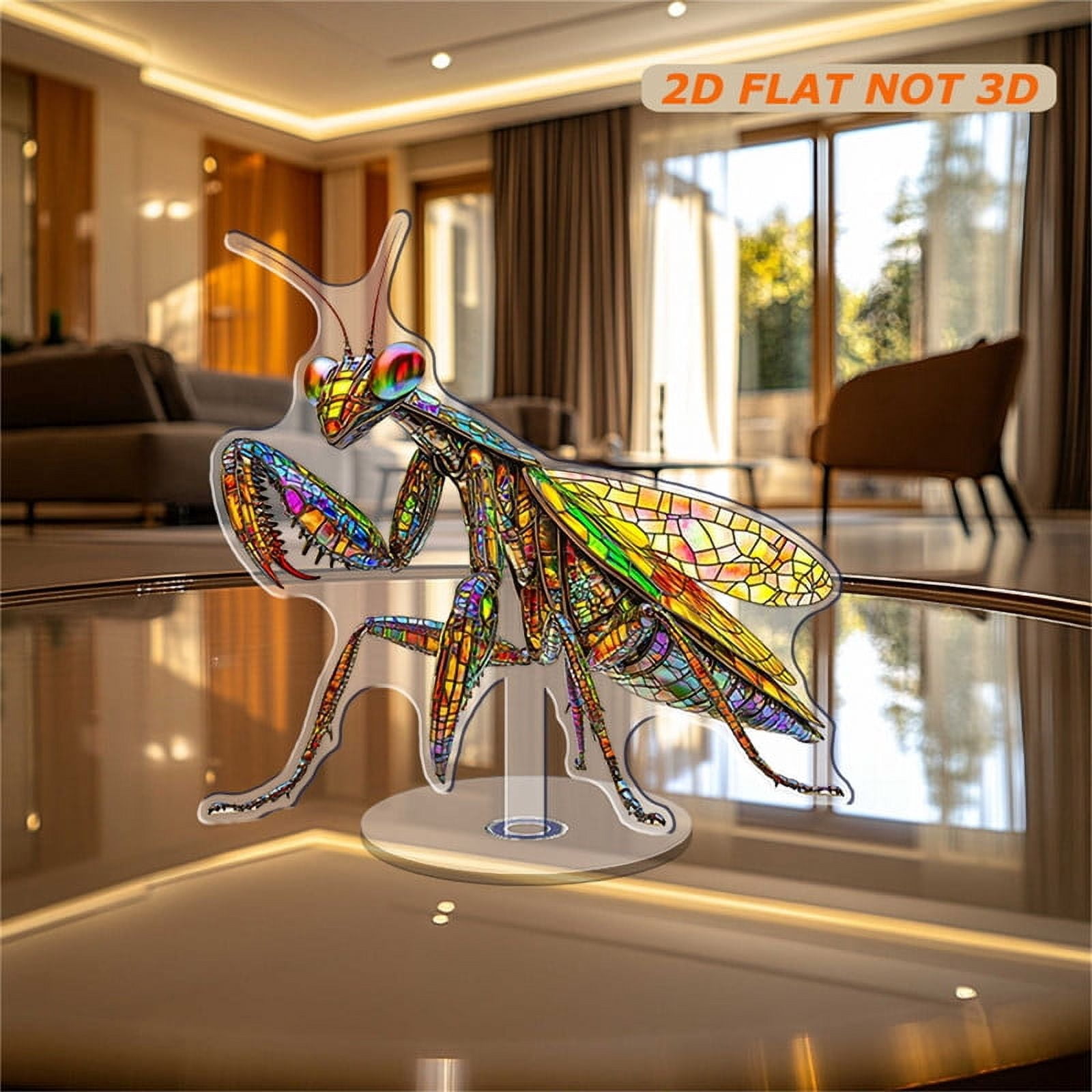 Rotating acrylic ornament featuring a cute mantis in vivid stained ...