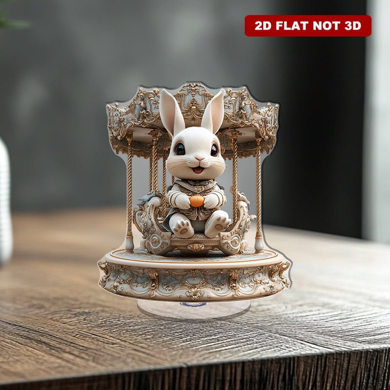 Rotating acrylic ornament featuring a cute rabbit on a carousel with a ...